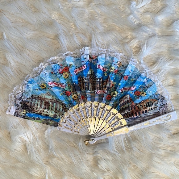 Other | Exquisite Vintage Style Hand Fan With Gold Trim Lace Scenes Of ...